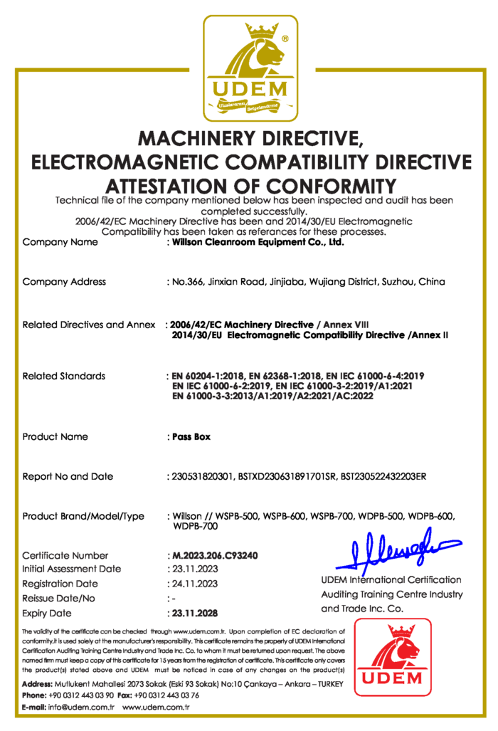 CE Certificate of Pass Boxes - Willson Cleanroom Equipment Co., Ltd.